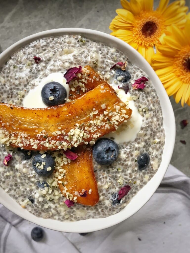 Hemp and Blueberry Chia Pudding with Caramelised Banana - Nourishing Amy