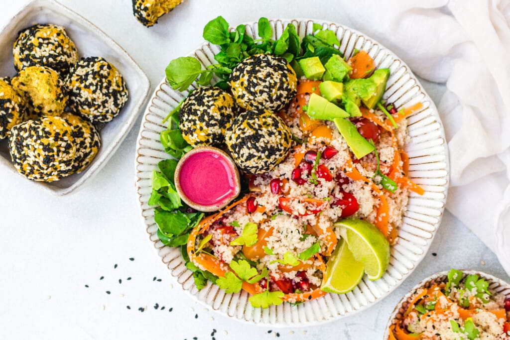 Fava Bean Falafel Rainbow Bowl with Beetroot Sauce - Nourishing Amy