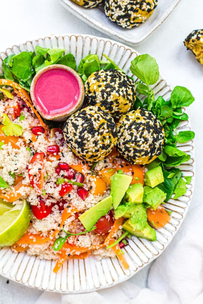 Fava Bean Falafel Rainbow Bowl with Beetroot Sauce - Nourishing Amy