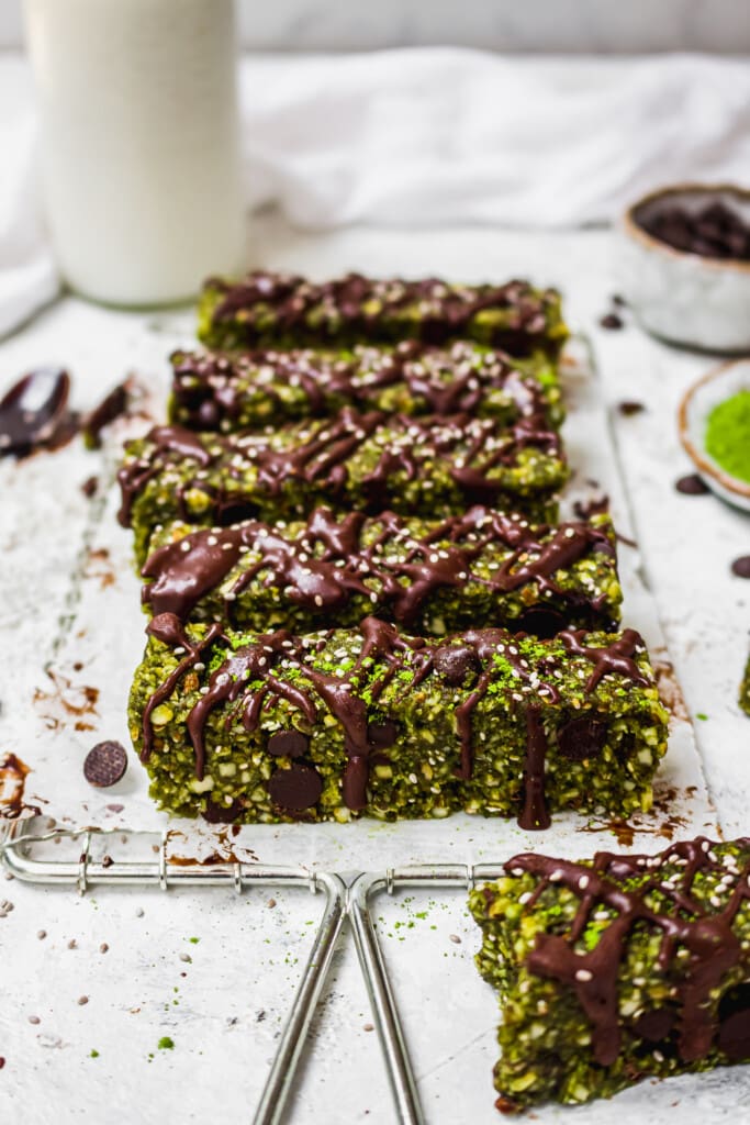 Chocolate Chip Matcha No-Bake Bars (Vegan GF) - Nourishing Amy