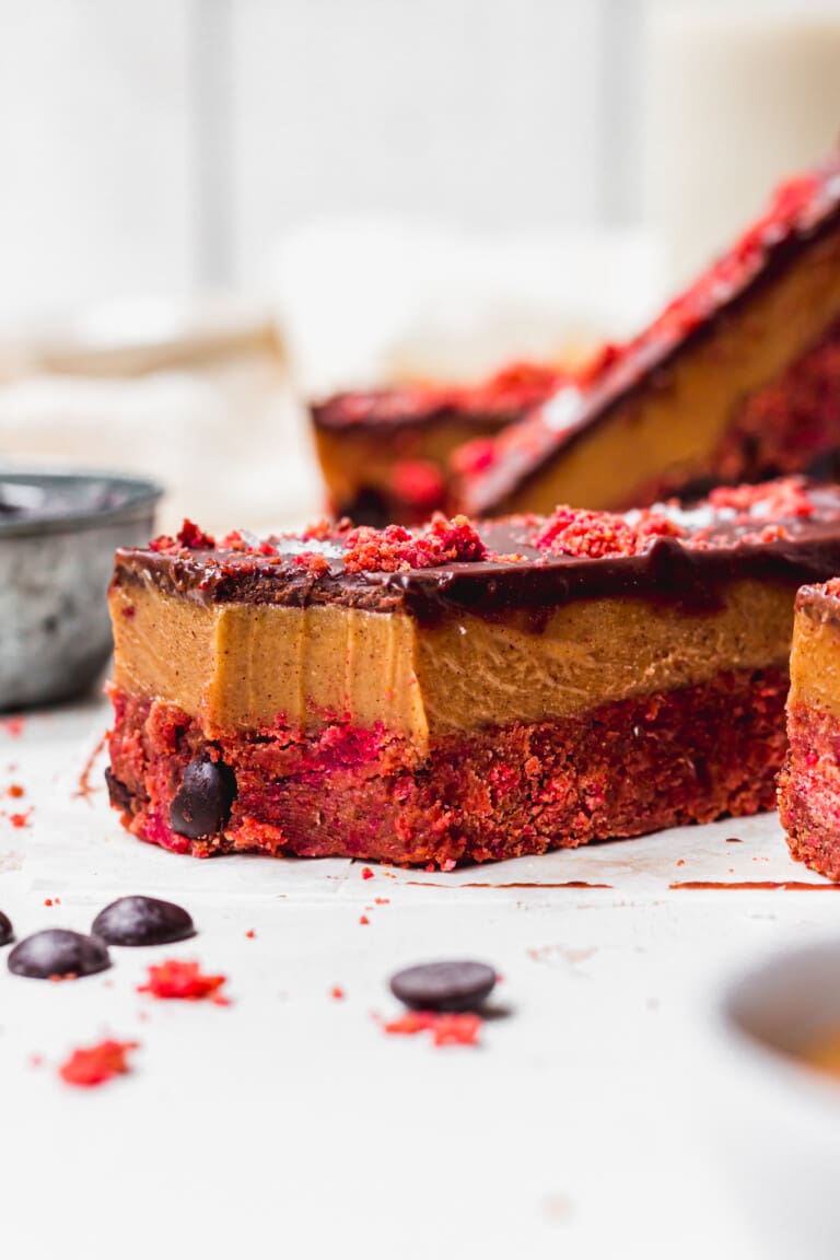 Chocolate Caramel Red Velvet Cake Bars (Vegan)- Nourishing Amy