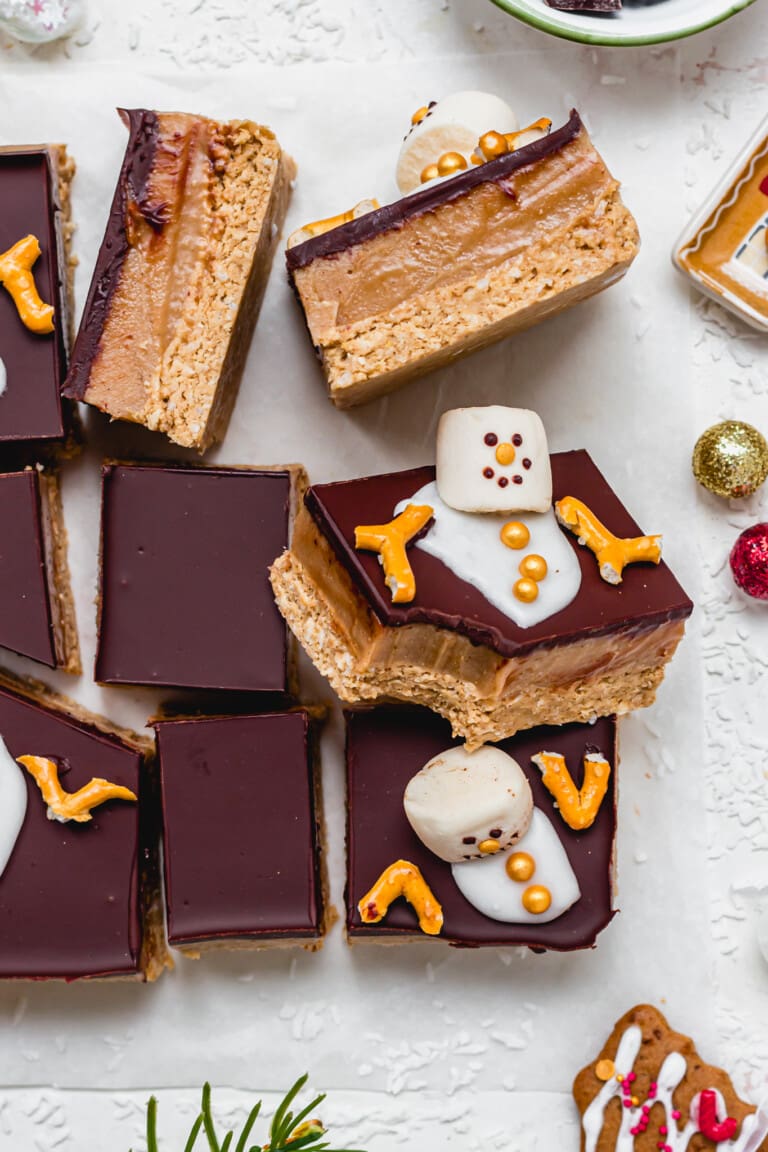 Christmas Chocolate Snowman Caramel Slices - Nourishing Amy