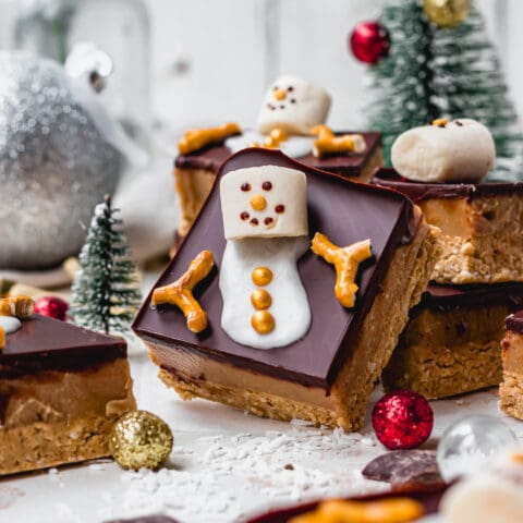 Christmas Chocolate Snowman Caramel Slices - Nourishing Amy