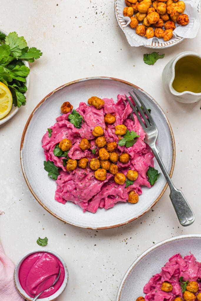 Creamy Beetroot Pasta with Crispy Chickpeas - Nourishing Amy